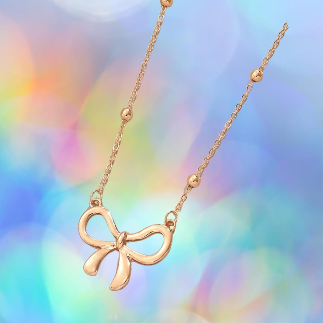 Dainty Bow Pendant Necklace, Rose Gold Plated Chain With Beads ...