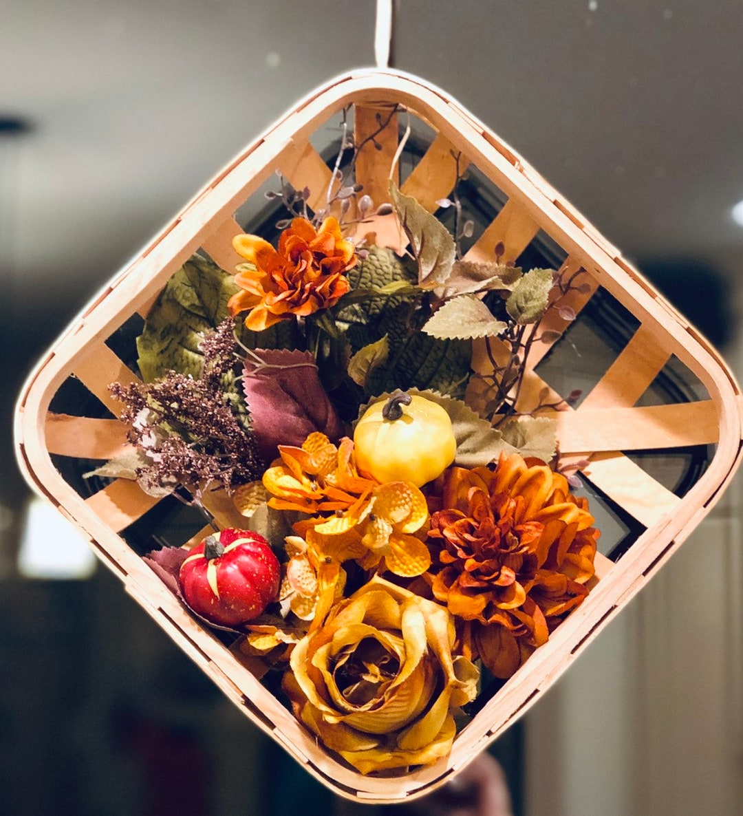 Fall Basket Wreath With Pupkins and Floral. Great for Windows or a Door ...