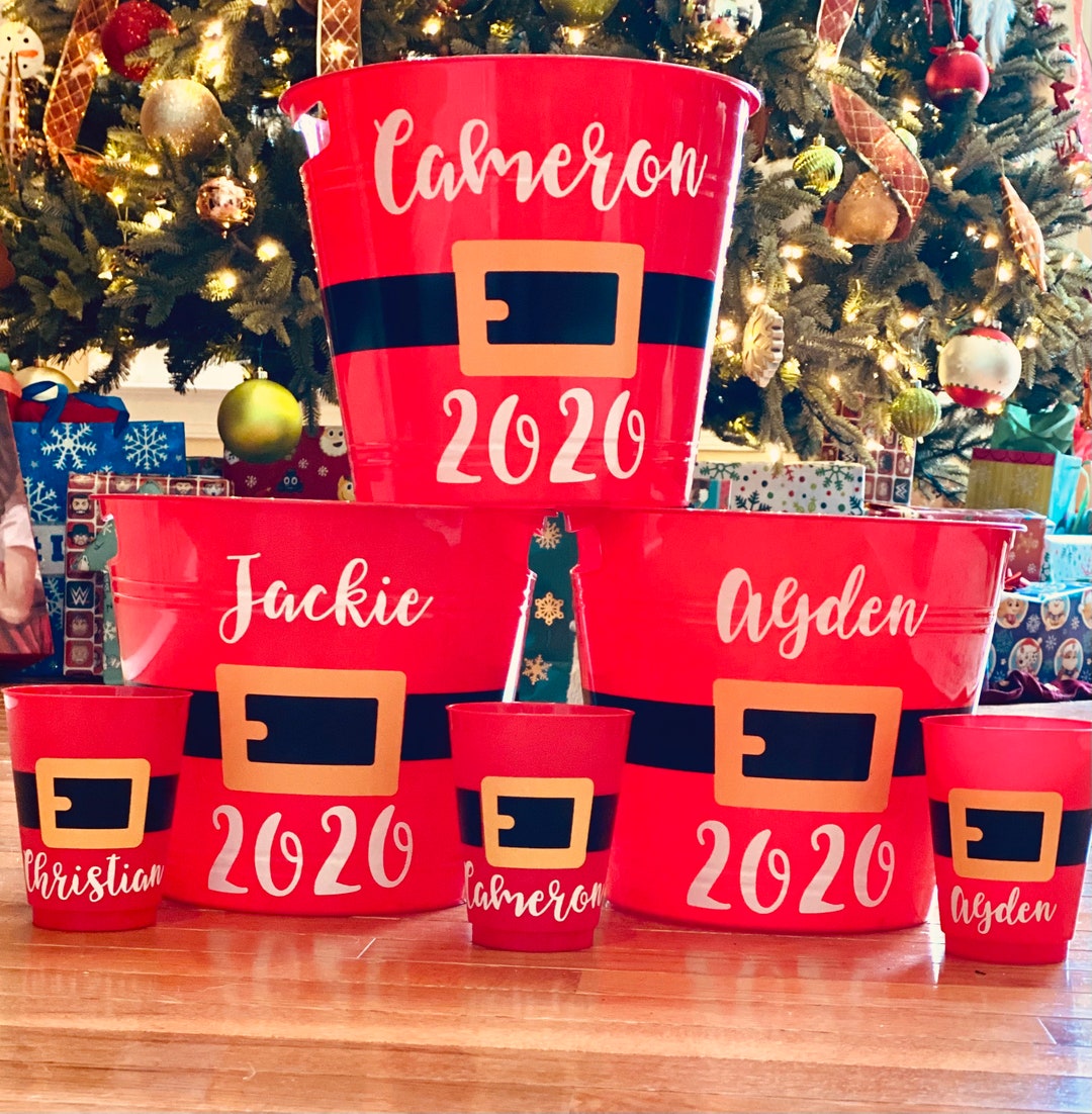 Red Personalized Santa Bucket With Match Cup. Stocking Alternative ...