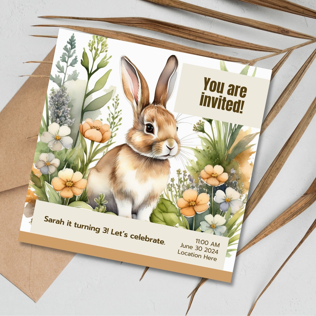 Personalized Birthday Invitation Card Template Cute Bunny Baby Birthday ...