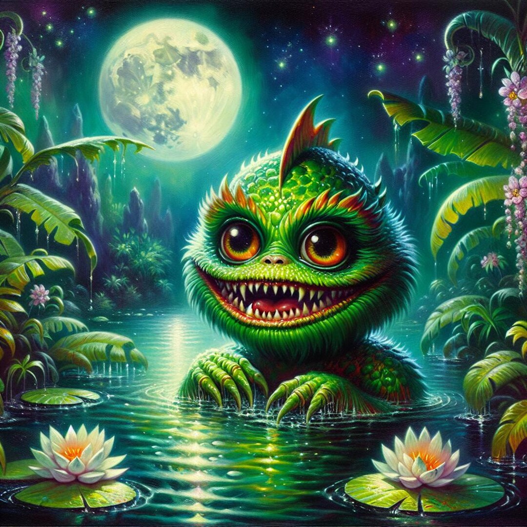 Halloween Swamp Monster Art Print | Cute Creature, Moonlit Lagoon ...