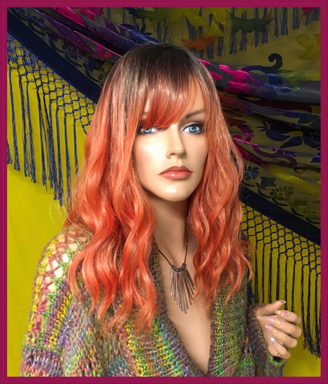 Neon Peach Ombre Bob Wig With Bangs Fringe Curly Pink Red Shadow Root ...