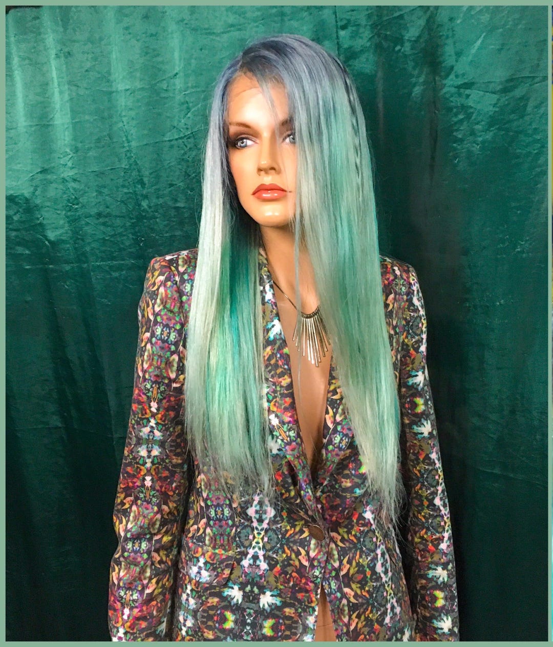 Long Human Hair Lace Front Fashion Color Wig Long Mint Green Teal With