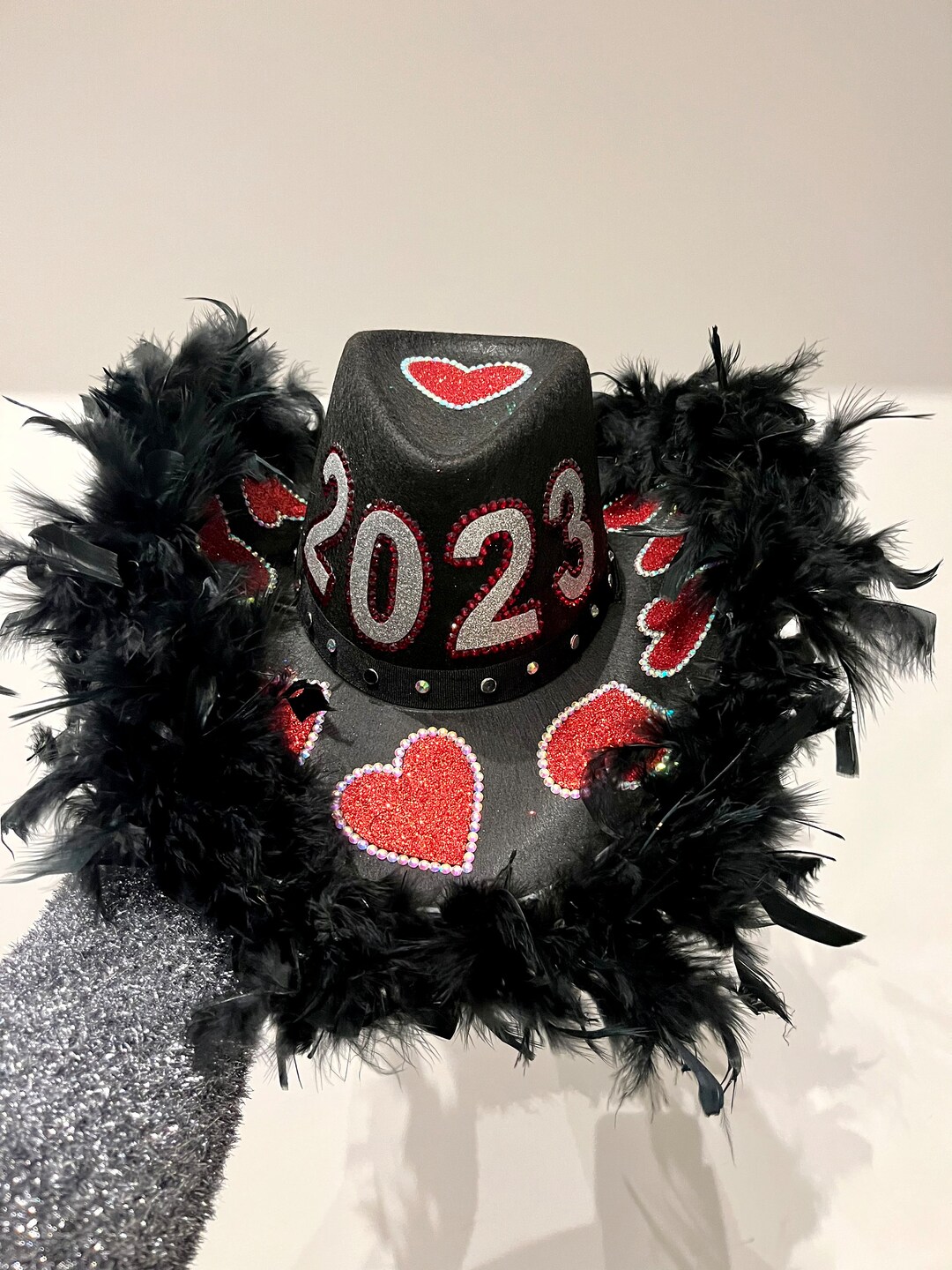 Black Feather Trim Cowboy Hat Love Heart Cowgirl Hat Black Bachelorette ...