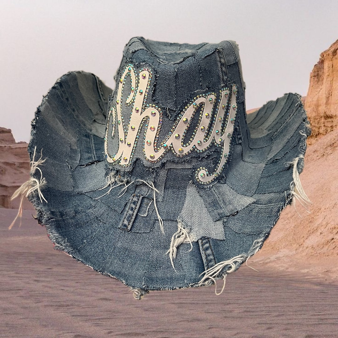 Personalized Recycled Denim Cowboy Hat: Rhinestone Festival Cowgirl Hat ...