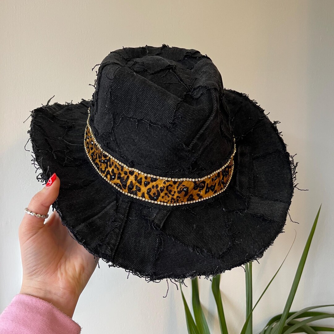 Black Denim Cowboy Hat With Leopard Print Heart • Recycled Denim ...