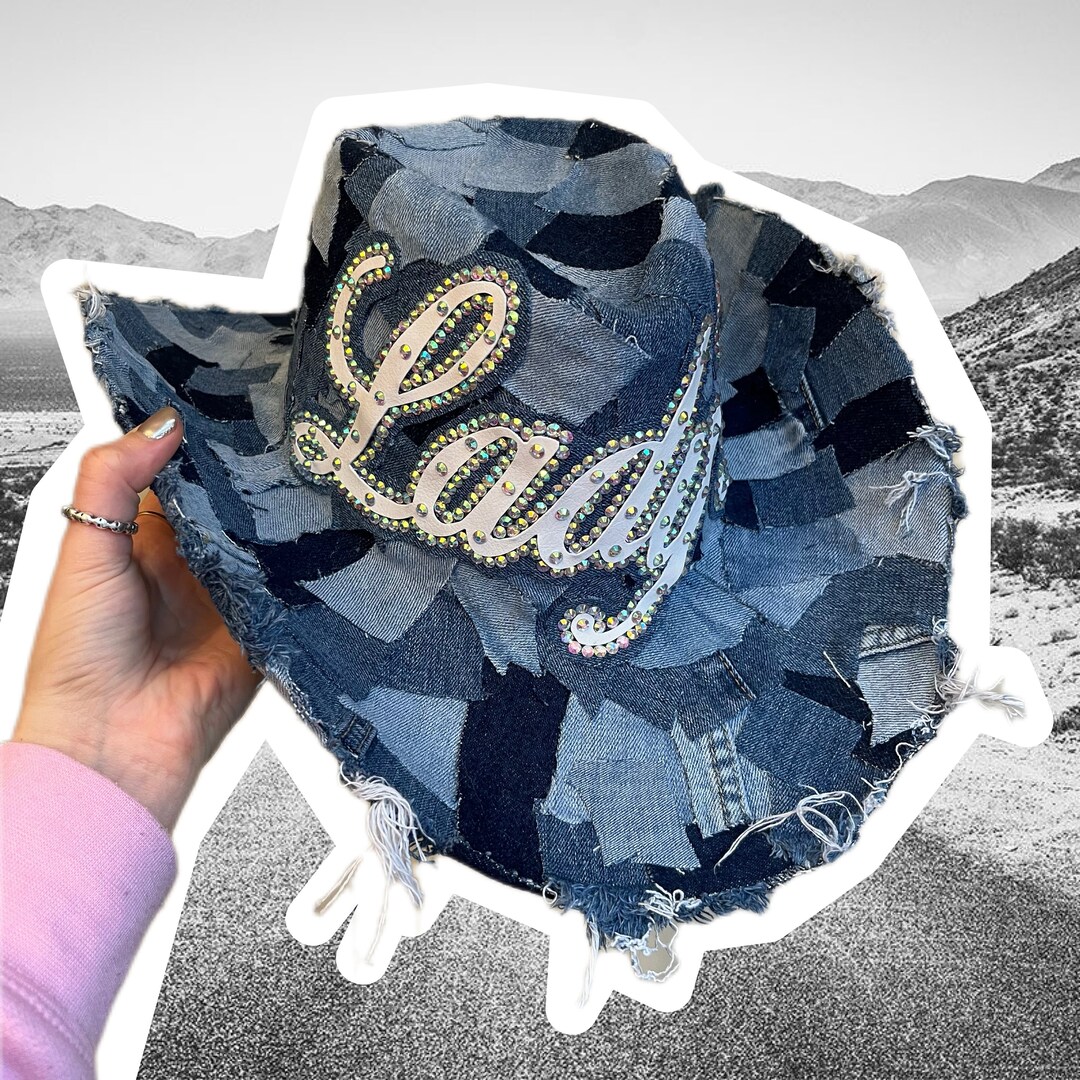 Personalised Mixed Denim Cowboy Hat • Festival Cowboy Hat • Rhinestone ...