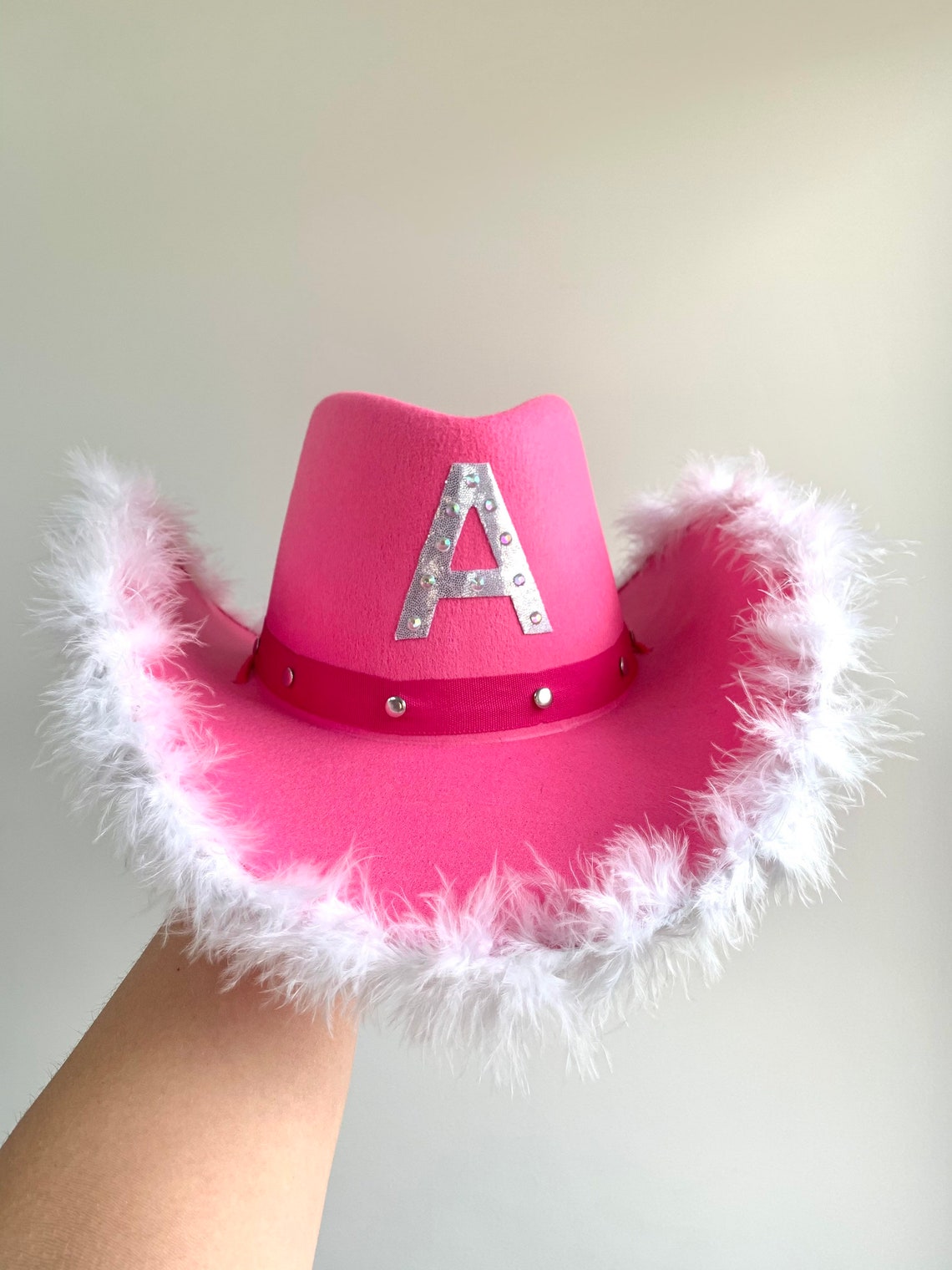Personalised Hot Pink Cowboy Hat Fur Rimmed Rhinestone | Etsy