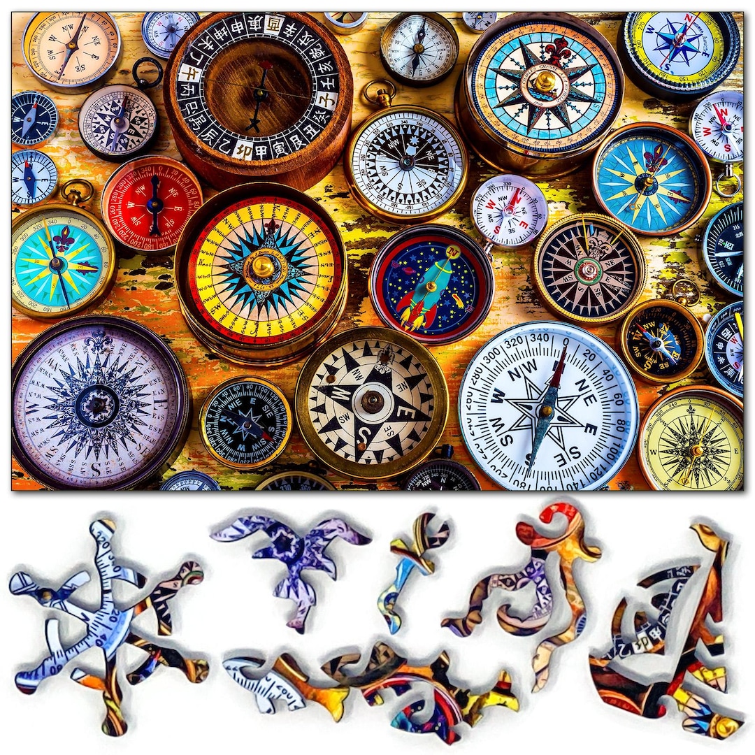 Compasses Wooden Puzzle Adults, Valentines Gift for Him, Whimsy Jigsaw ...