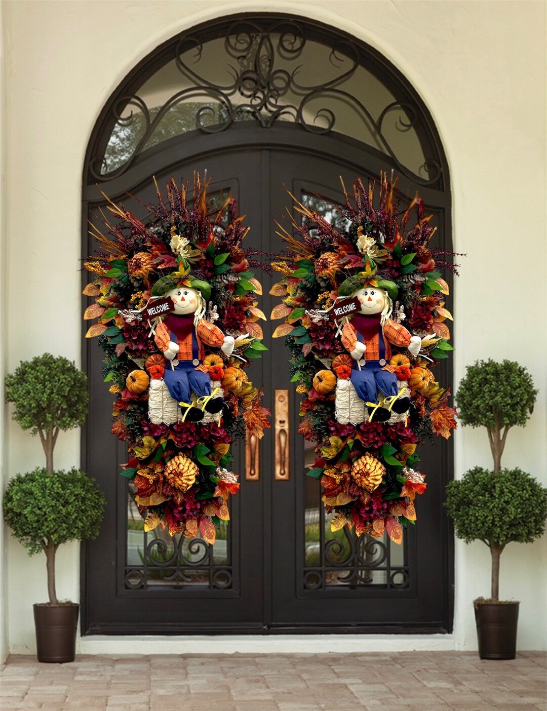 XL Double Door Scarecrow Thanksgiving Wreath Thankful Wreath for Front ...