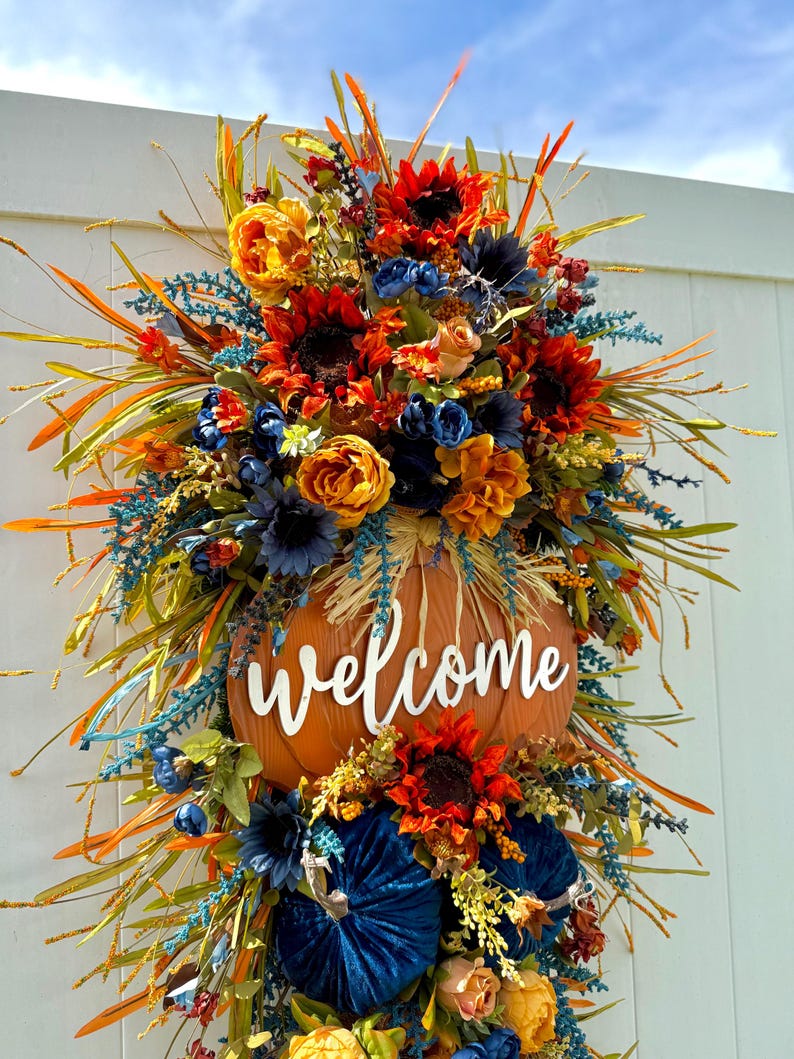 XL Double Door Fall Wreath | Blue Harvest Welcome Decor | Pumpkin Patch ...