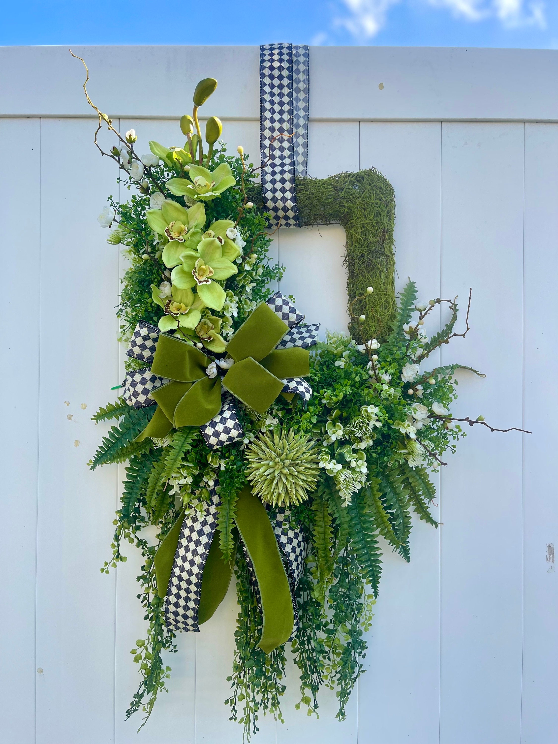 Double Door Square Moss Spring Wreath | Orchids, Fern, & Eucalyptus ...