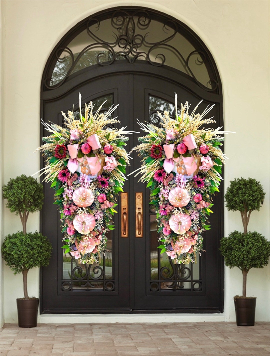 Large Double Door Fall Swag | Pink Autumn Wreath for Front Door ...