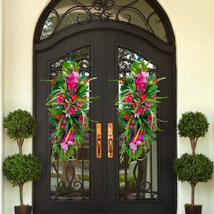 Large Tropical Double Door Summer Wreath | Summer Pink Floral Door ...