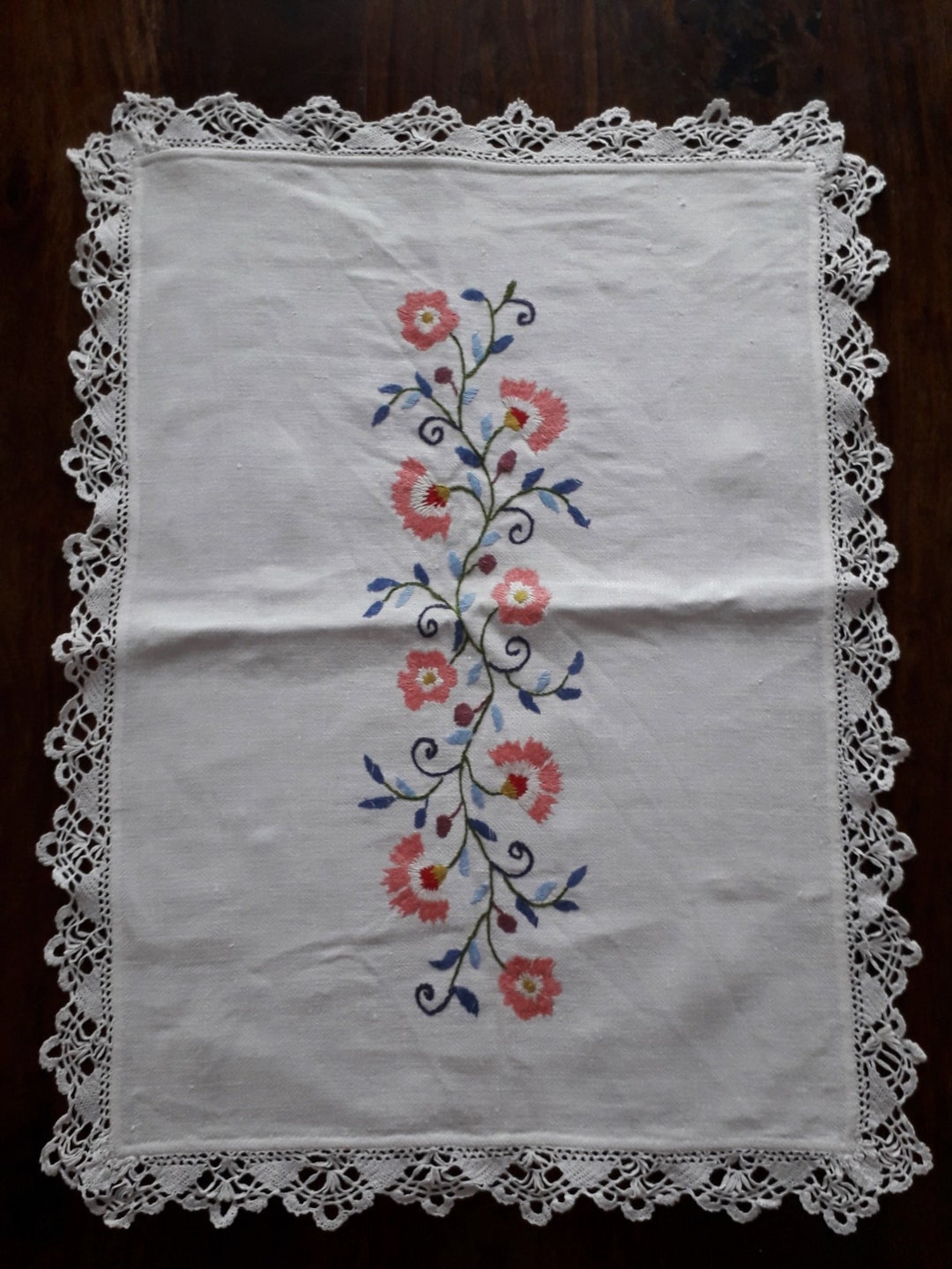 White Linen Floral Embroidered Table Topper With White Lace. Swedish ...