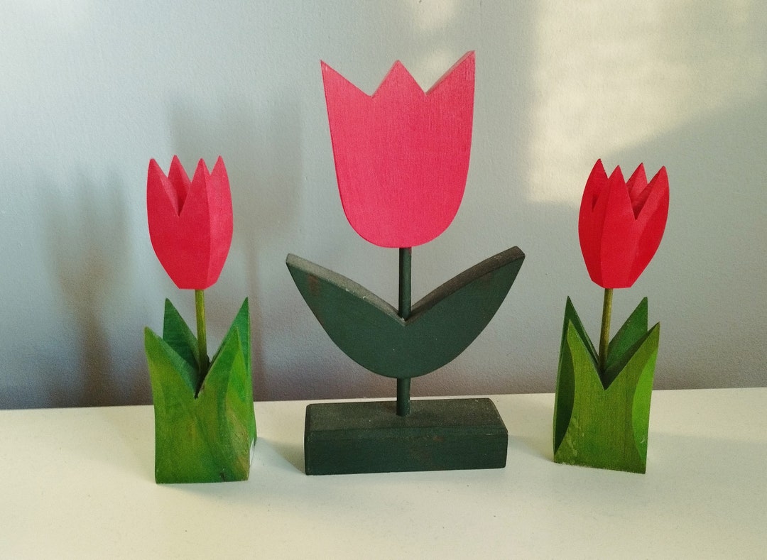 Three Handmade Decorative Swedish Folk Art Wooden Tulips. Vintage 1980s ...