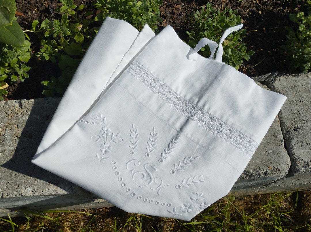 White Cotton Handmade Pillowcase With Monogram and Crochet Lace. Ikea Standard. Swedish Vintage ...