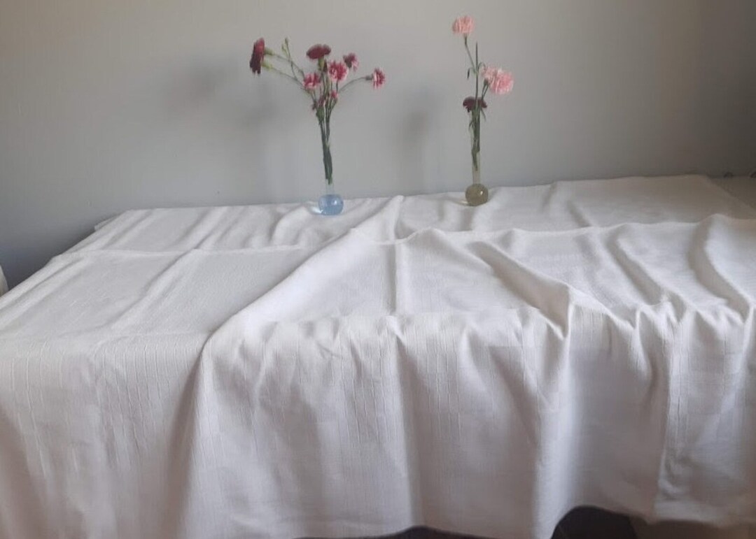 Handwoven Antique White Linen Tablecloth With Geometric Pattern ...