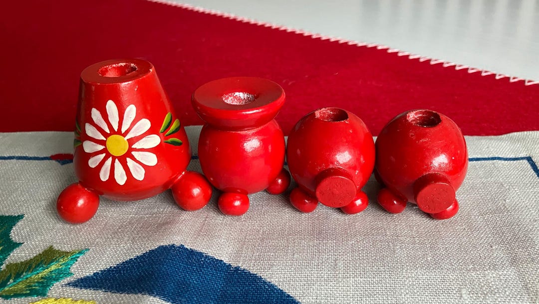 Four Christmas Hand Painted Red Candlesticks. Swedish Vintage 1970s. - Etsy
