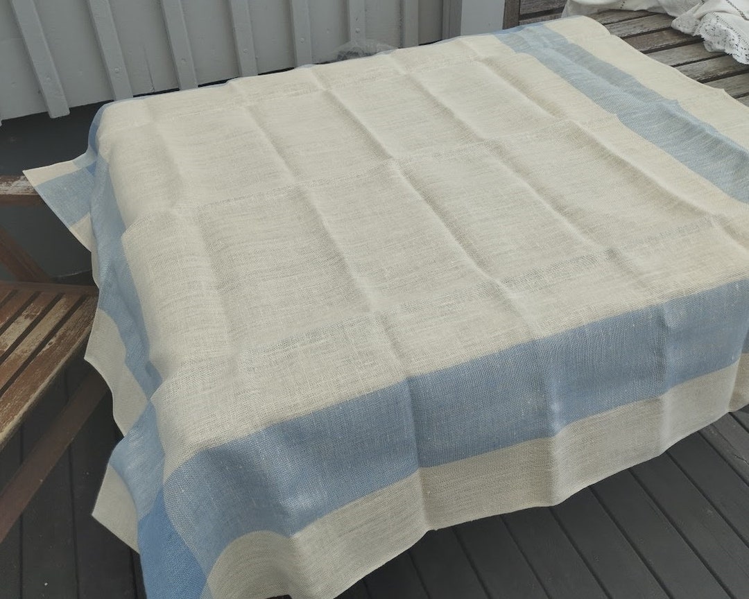 Woven Ecru and Blue Linen Tablecloth. Swedish Vintage 1970s. - Etsy