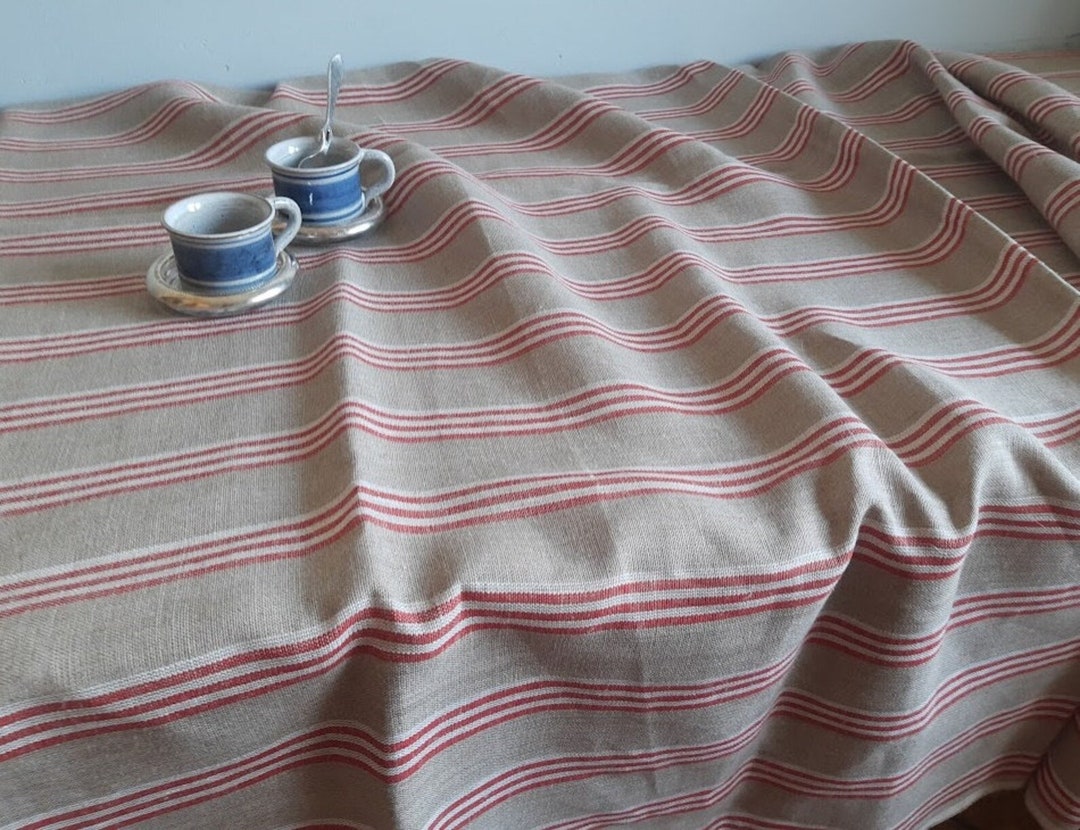 French Style Heavy Linen Tablecloth. Grain Sack Red Stripe Table Cloth ...