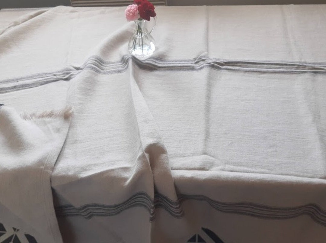 French Style Heavy Washed Linen Tablecloth. Grainsack Black Stripe ...