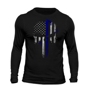 Thin Blue Line Flag Skull Patriotic USA Tactical Men's Long Sleeve T ...