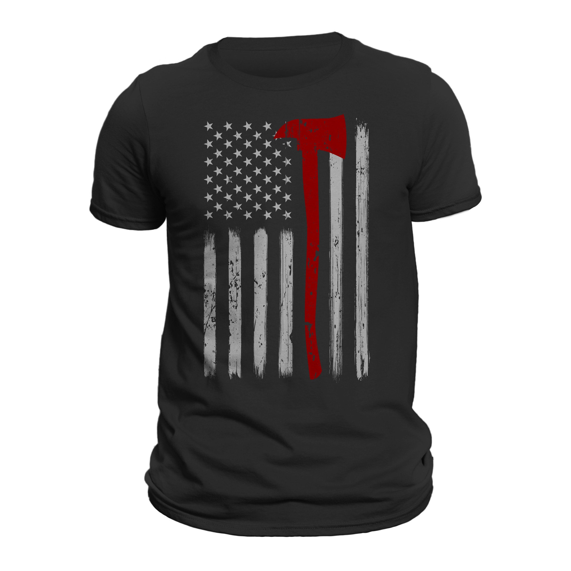 Thin Red Line Flag Axe Design US Firefighter Front or Back Print T ...