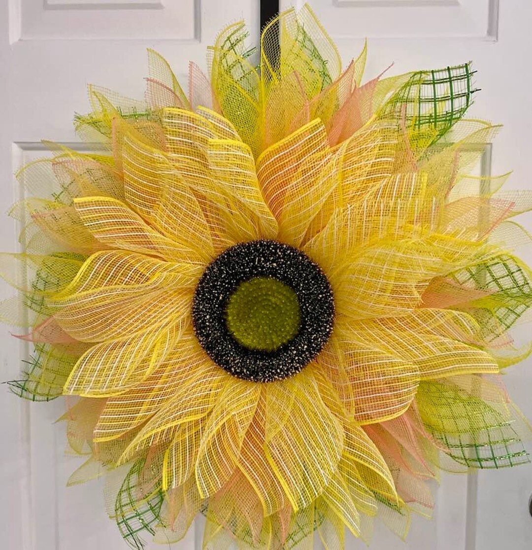 Sunflower Yellow and Peach Wreath, Deco Mesh Flower, Summer Wreath ...