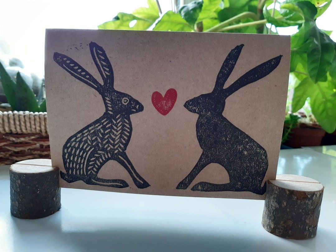 Hare Love Lino Print Greeting Card anniversary, Valentines, Wedding ...