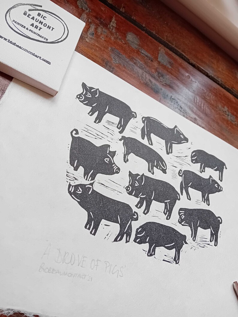 Pig Lino Print, Hand Pressed A Drove of Pigs - Etsy