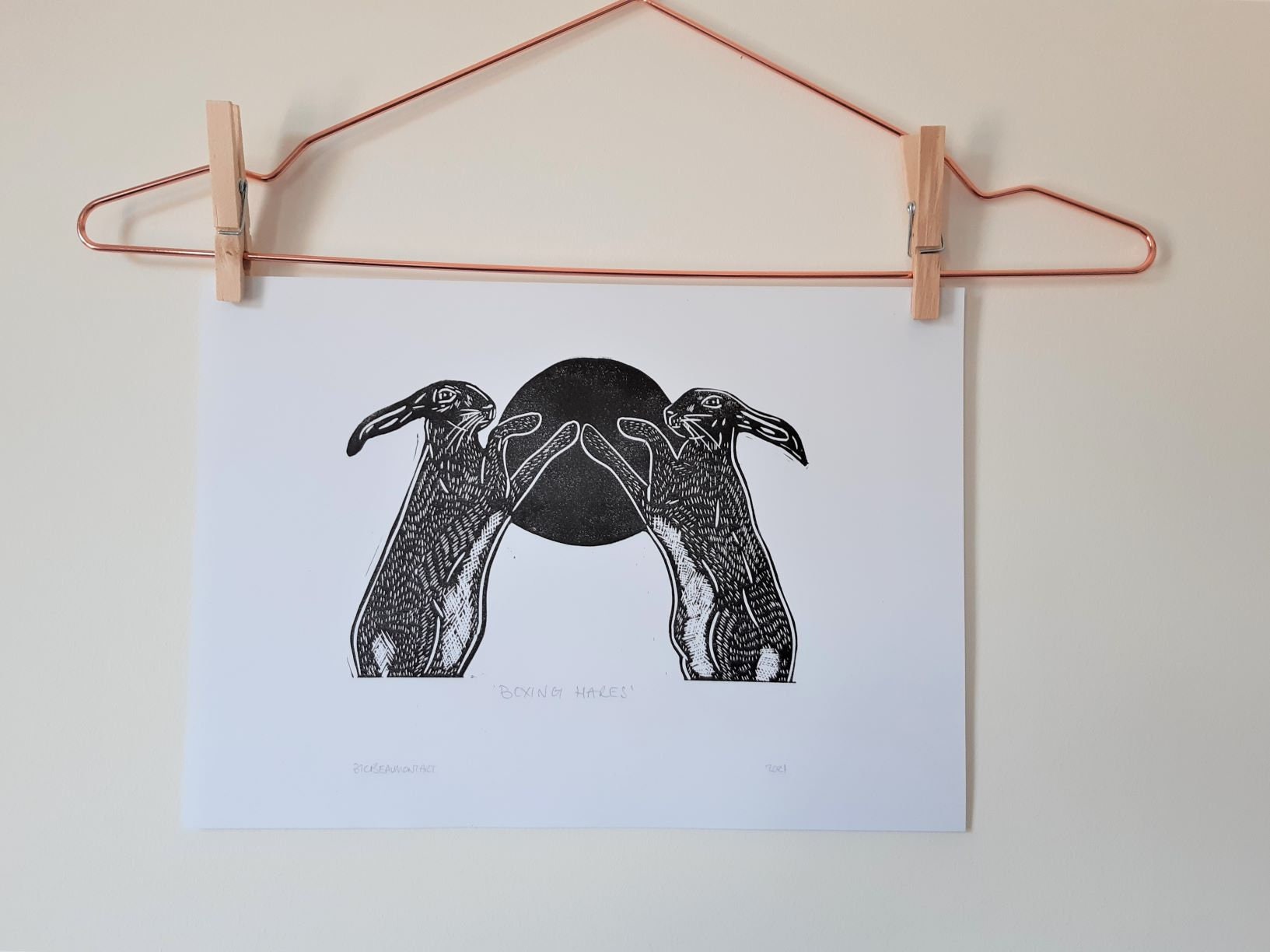 Boxing Hares lino print hand pressed on recycled paper | Etsy