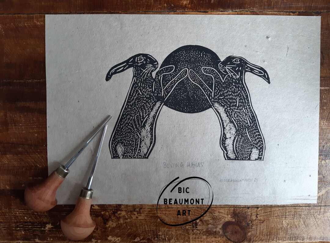 Boxing Hares Lino Print, Hand Pressed on Recycled Paper - Etsy UK