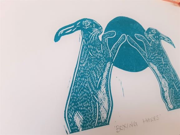 Boxing Hares lino print hand pressed on recycled paper | Etsy