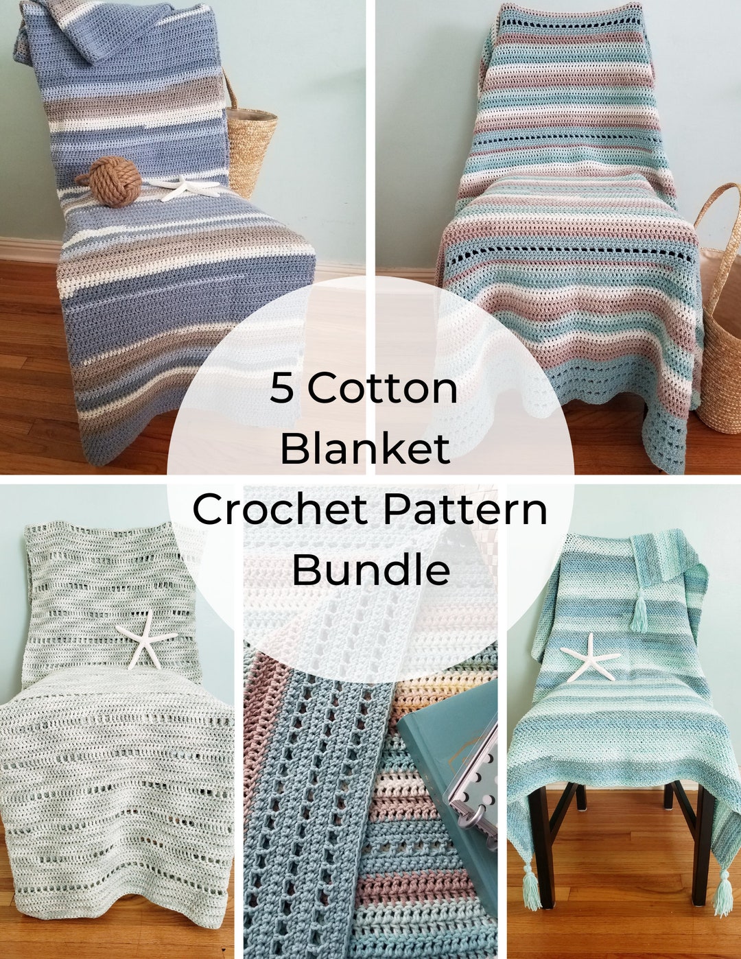 CROCHET PATTERN BUNDLE: 5 Cotton Blanket Patterns Collection. Crocheted ...