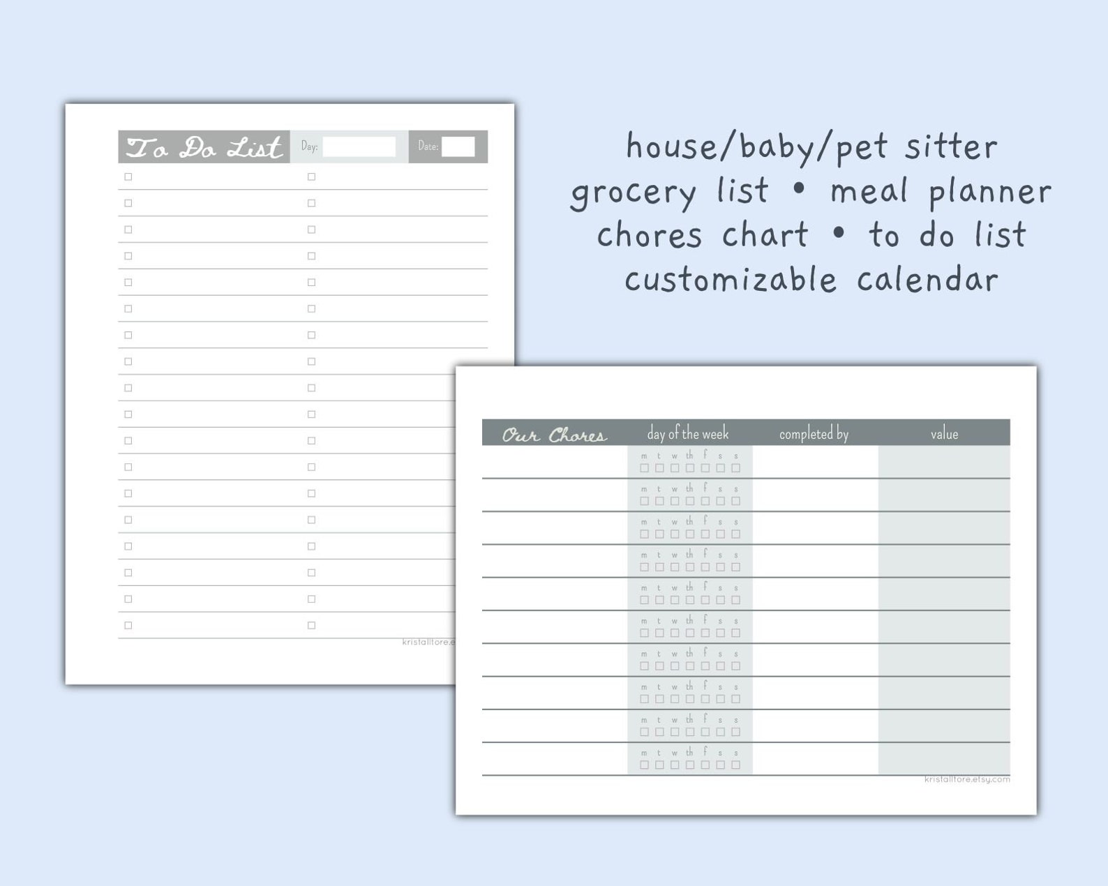 House, Pet + Baby Sitter Printable, Calendar, Chore Chart, to Do List ...