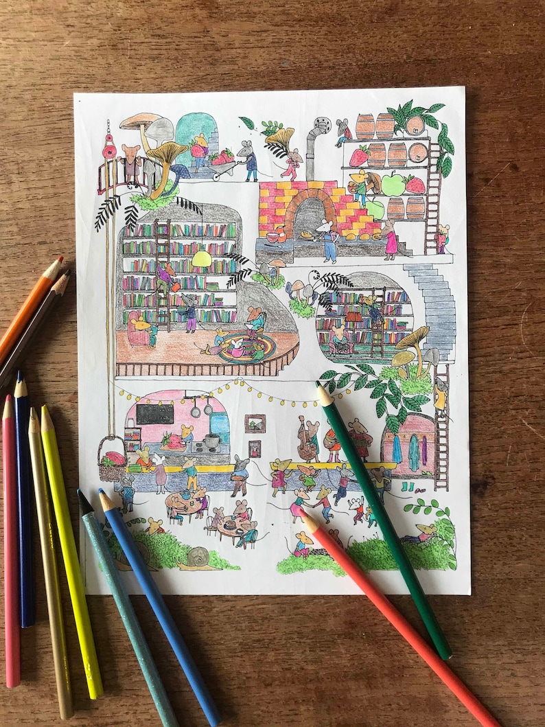 Coloring Pages Detailed Mouse Town Printed Card Stock - Etsy