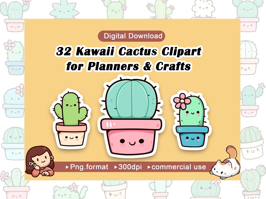 Kawaii Cactus Clipart Set | Succulent PNG Bundle for Digital Planners ...