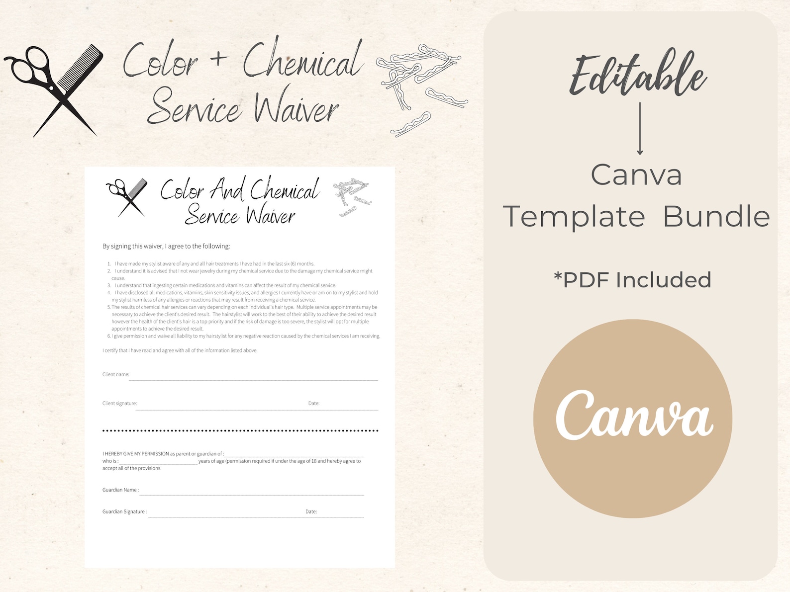Color and Chemical Service Waiver Editable Canva Template PDF Hair ...