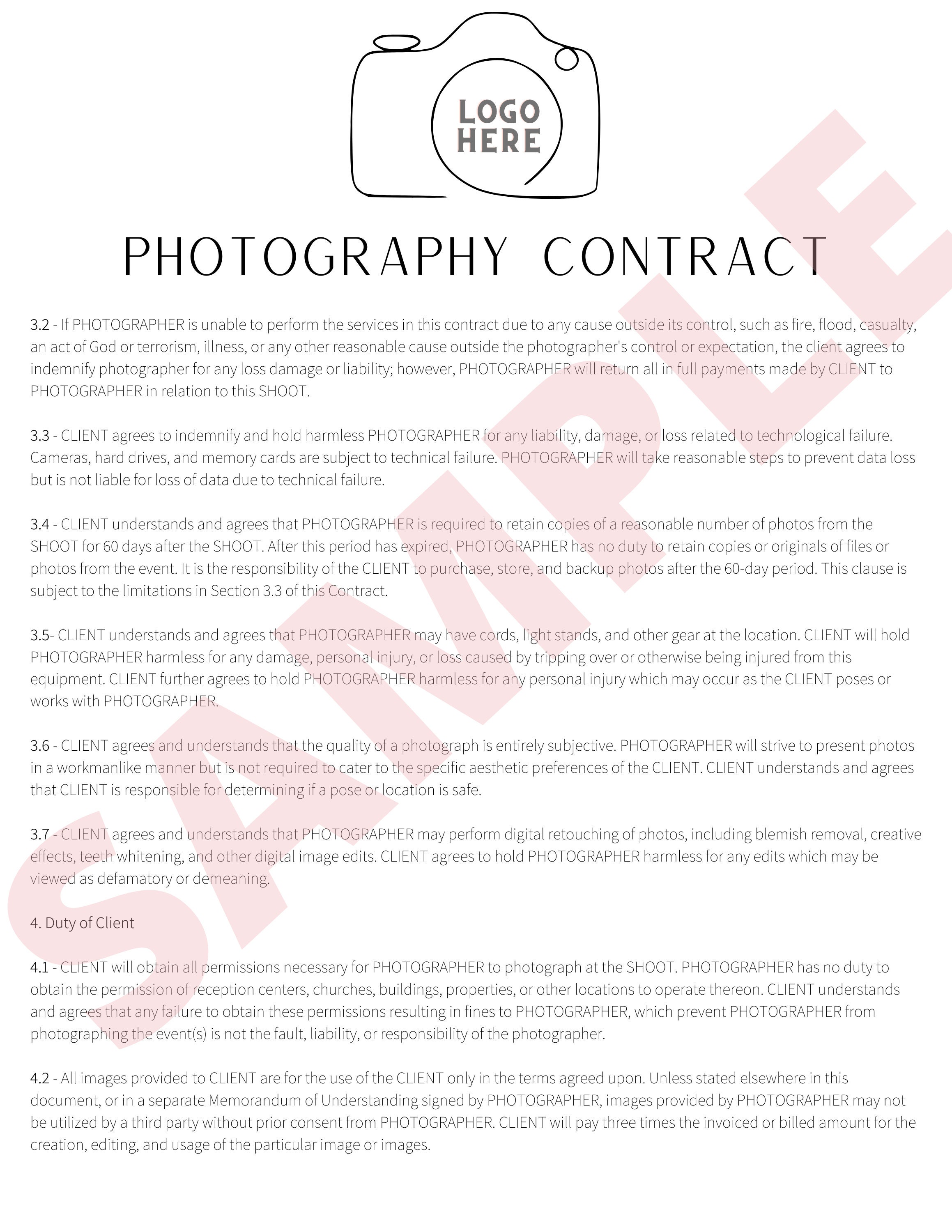 Photography Contract - Between Photographer and Client Editable PDF ...