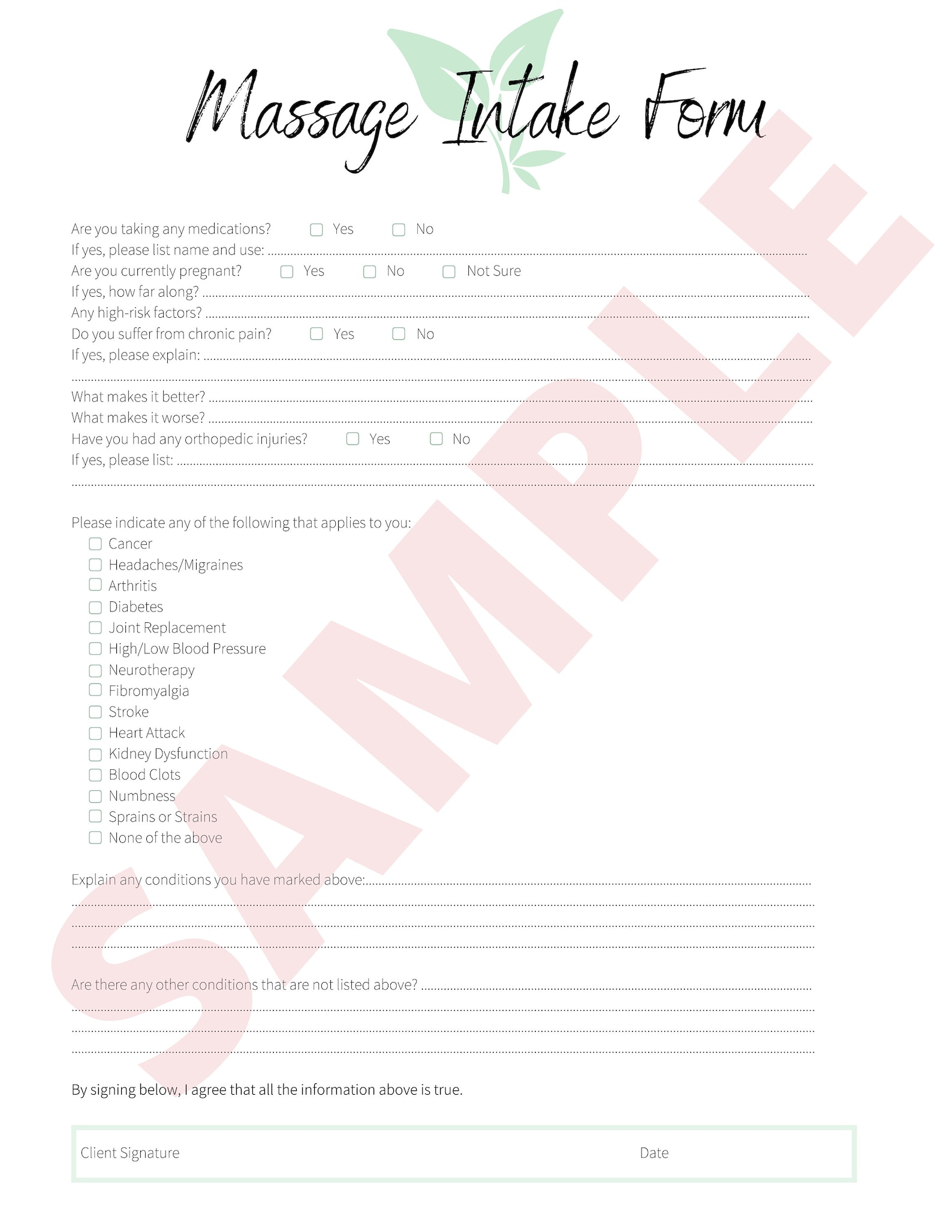 Massage Intake Form PDF and EDITABLE Canva Template New Client Form ...