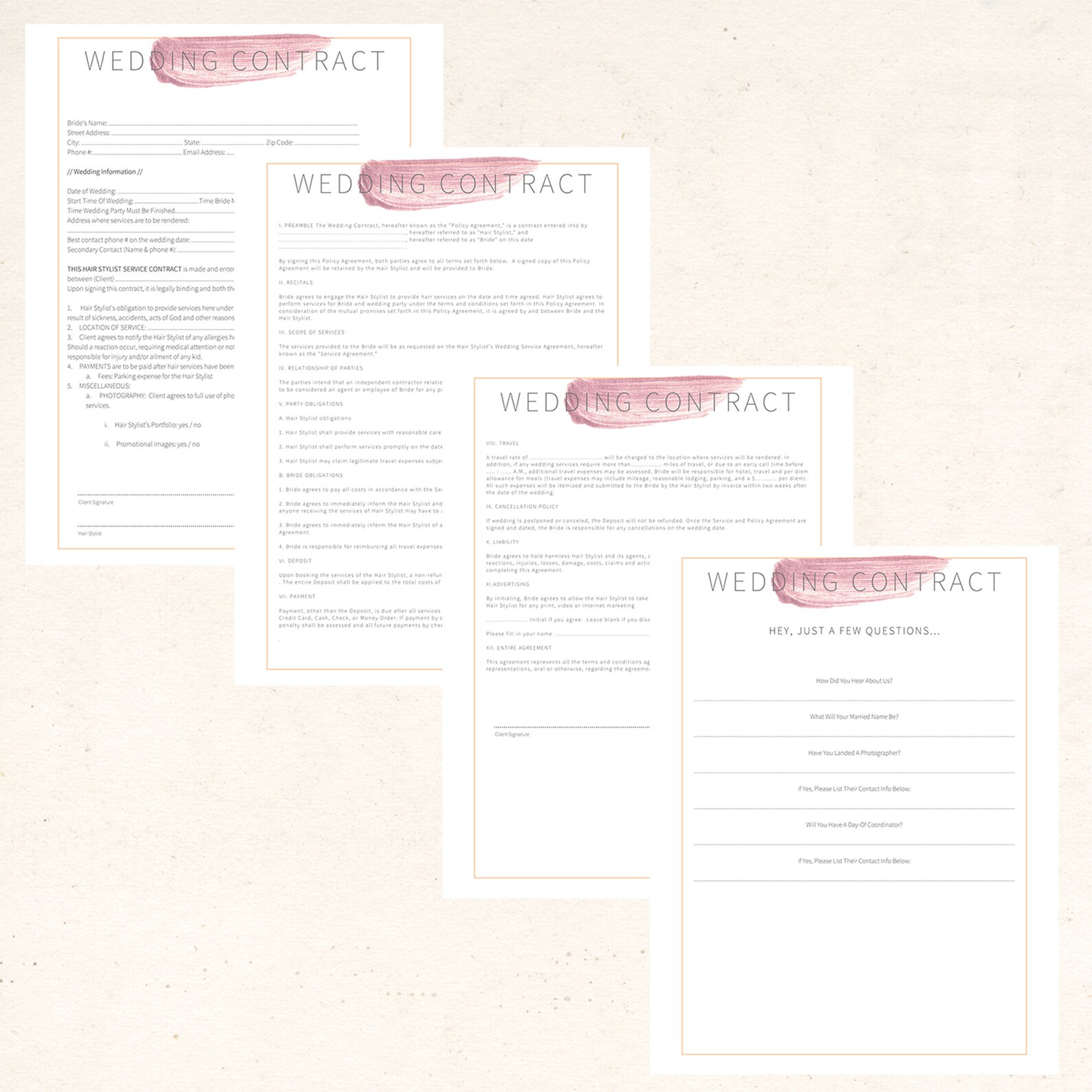 Hair Stylist Wedding Contract and Forms Editable Canva Template and PDF ...