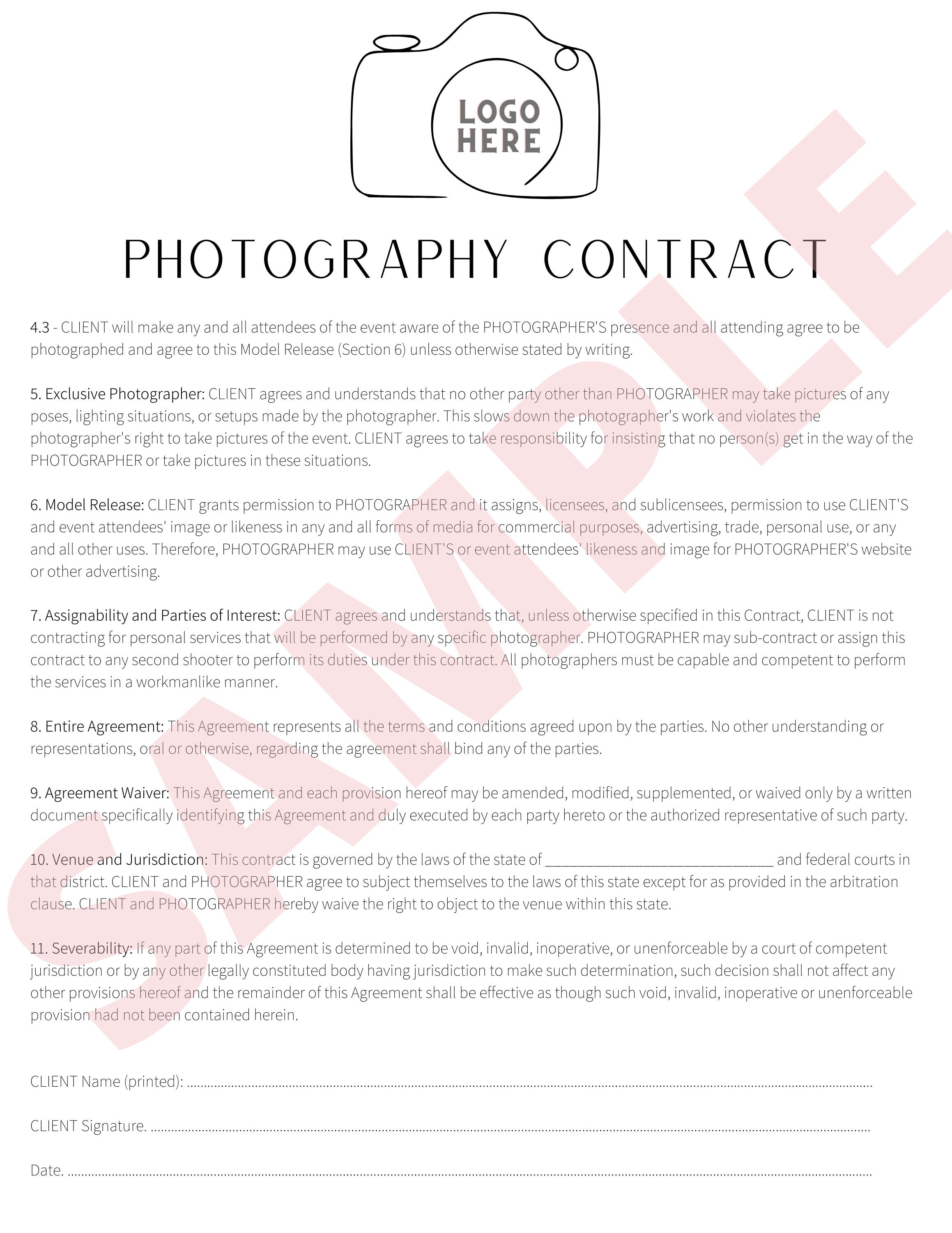 Photography Contract - Between Photographer and Client Editable PDF ...