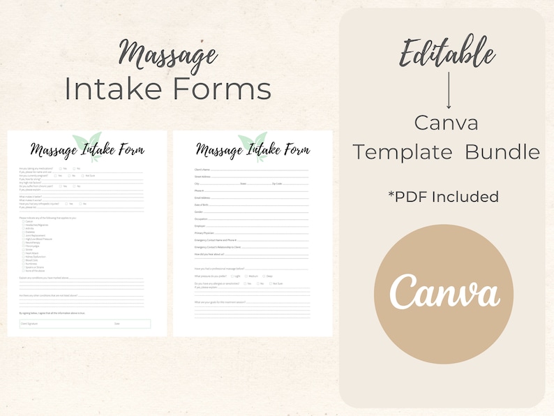 Massage Intake Form PDF and EDITABLE Canva Template New Client Form ...