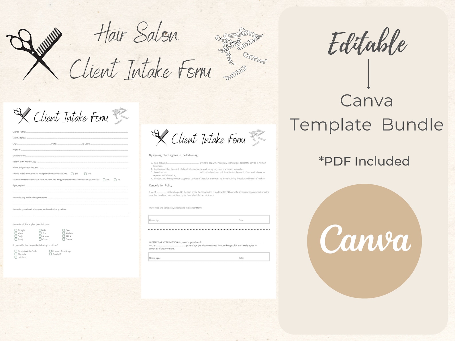 Hair Salon Client Intake Form Canva Template PDF Editable Hair Stylist ...