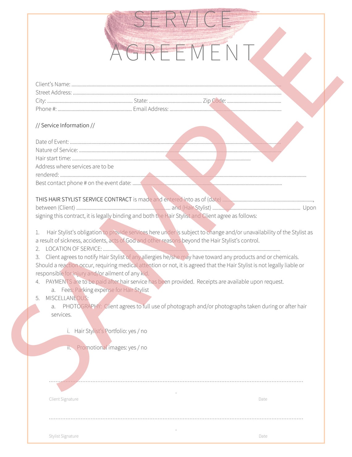 Hair Stylist Wedding Contract and Forms Editable Canva Template and PDF ...