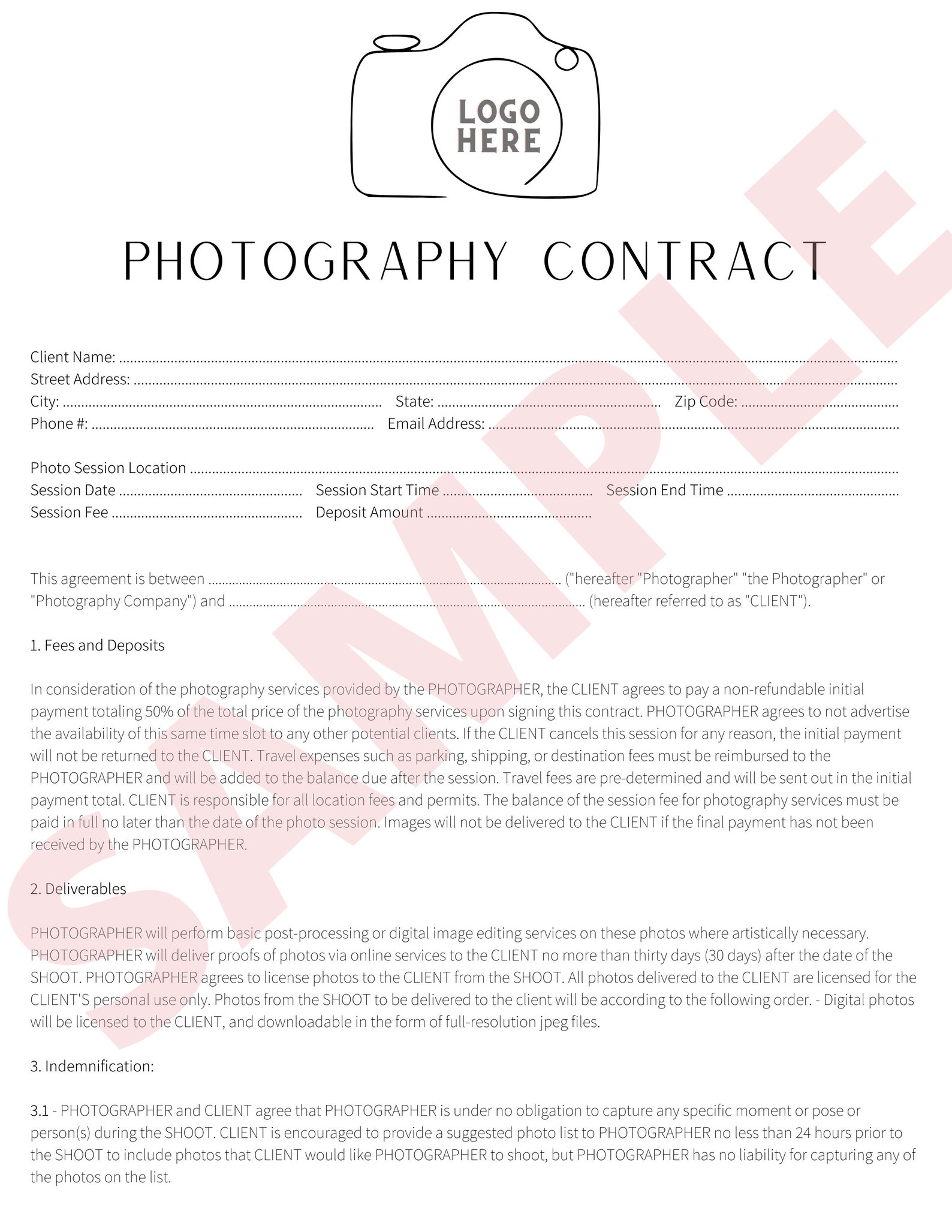 Photography Contract - Between Photographer and Client Editable PDF ...