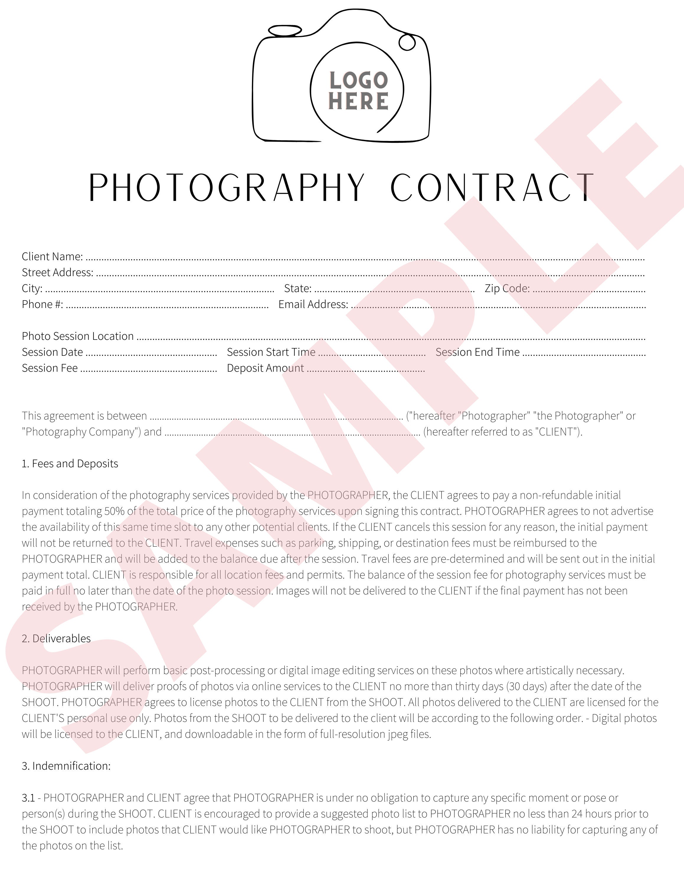Photography Contract - Between Photographer and Client Editable PDF ...