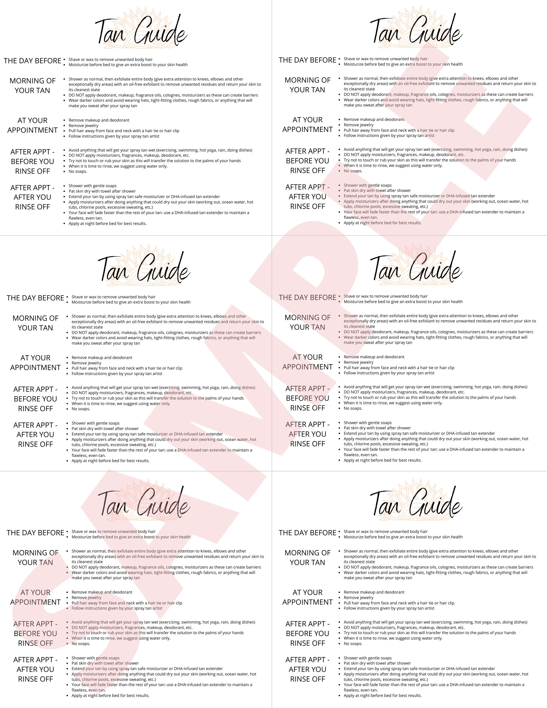 TAN GUIDE PDF Digital Download Sunless Tanning After Care Card - Etsy