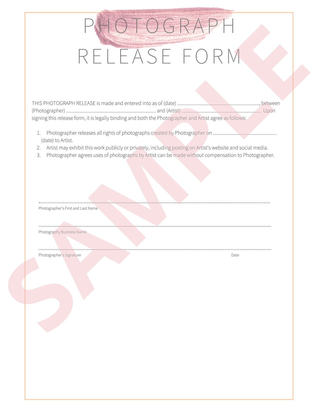 Photograph Release Form Release to Artist - Etsy